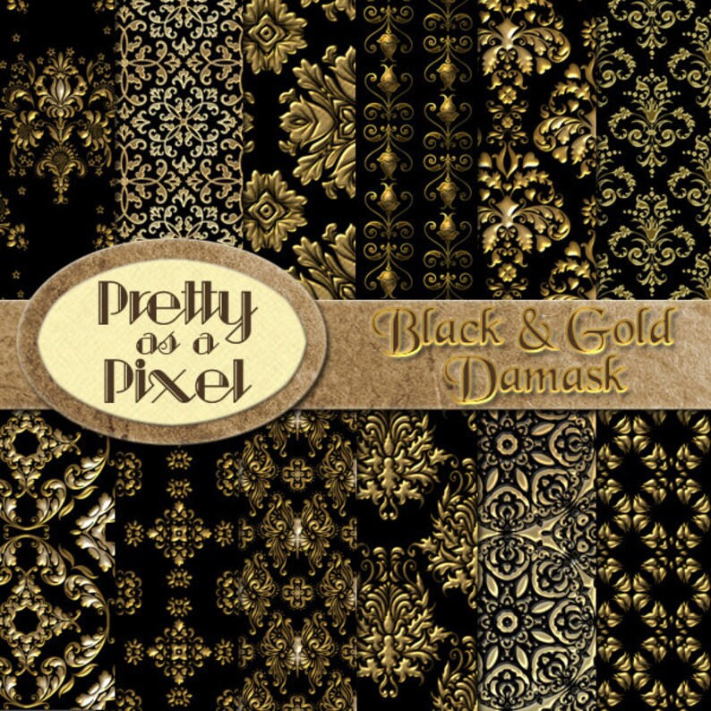 Printable Scrapbook Paper - Black & Gold Damask - 12 X 12 - Set of 12 ...