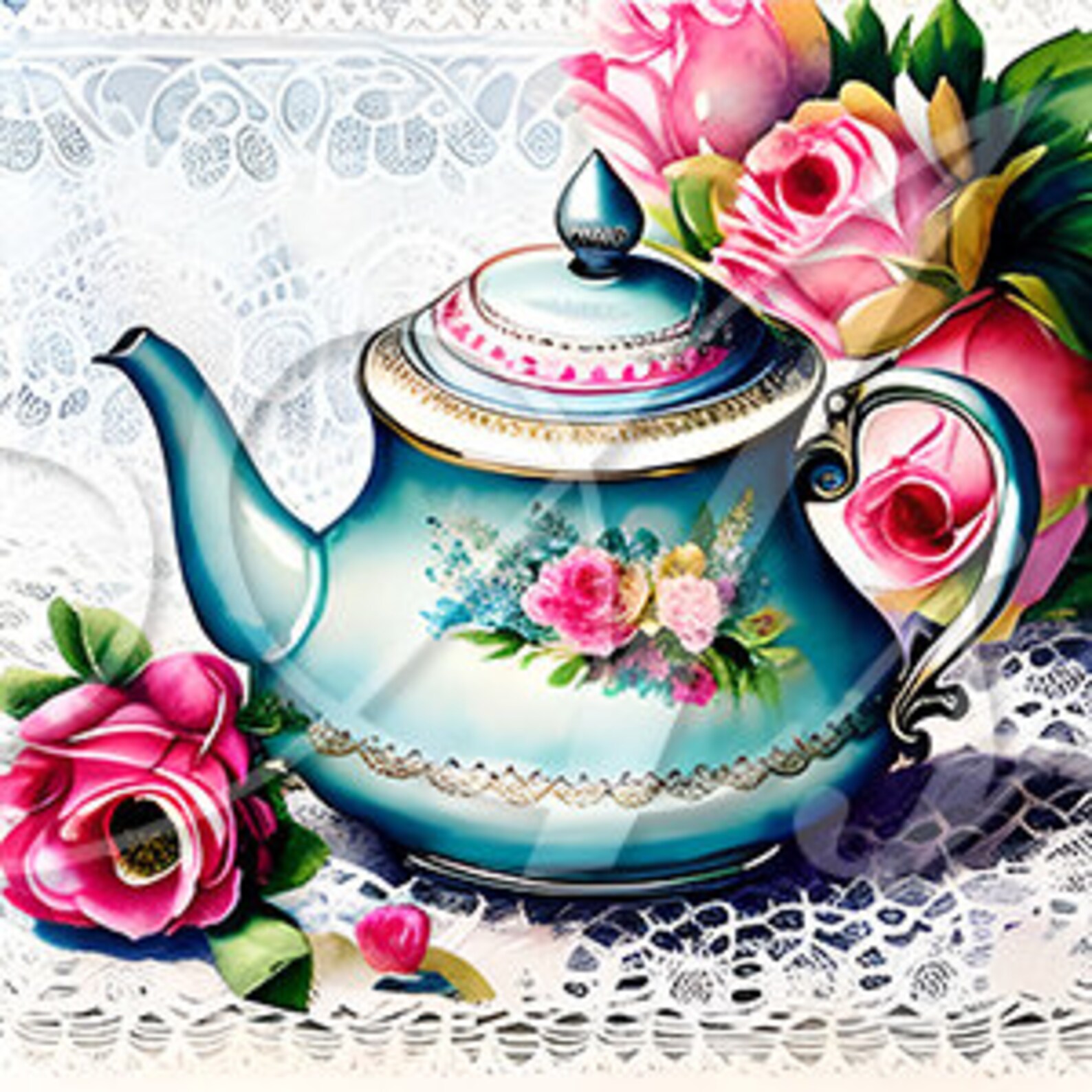 Watercolor Fancy Teapots & Roses - 2 Sizes - Inchies and Scrabble Tile ...