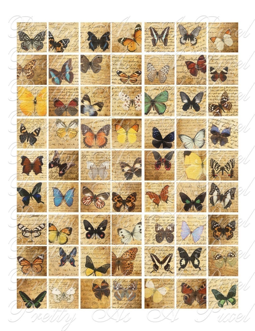 Butterflies on Vintage Handwritten Letters - 3 Sizes - Inchies, 7-8 ...