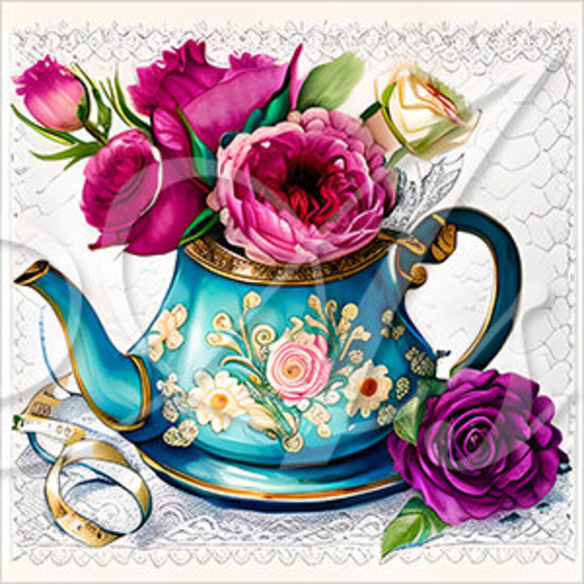 Watercolor Fancy Teapots & Roses - 2 Sizes - Inchies and Scrabble Tile ...