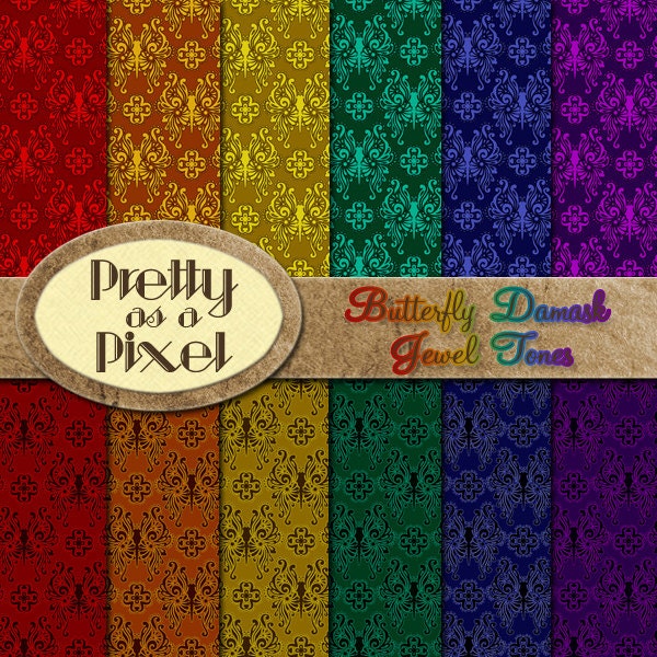 Digital Paper Pack - Jewel Tone Butterfly Damask - Scrapbooking ...