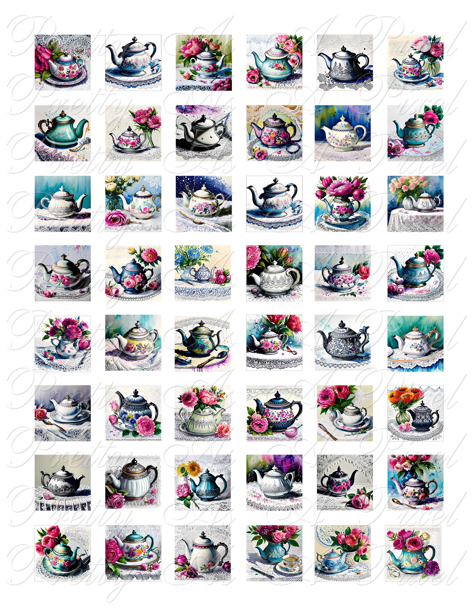 Watercolor Fancy Teapots & Roses - 2 Sizes - Inchies and Scrabble Tile ...
