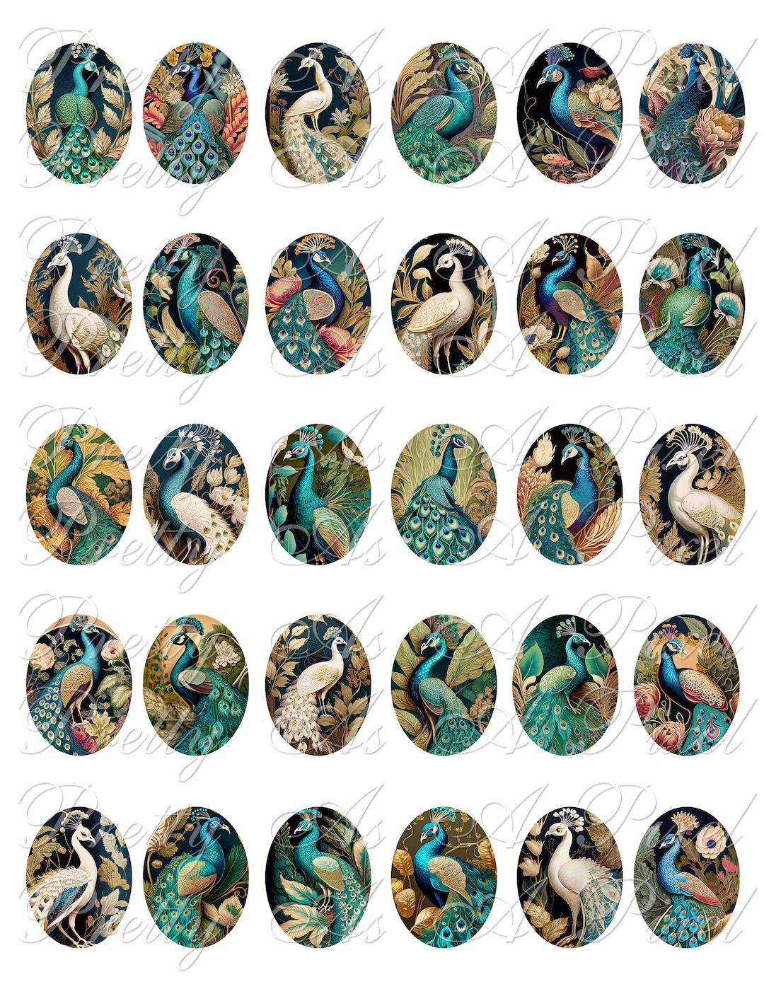 Art Nouveau Peacocks - INSTANT DOWNLOAD - 30 X 40 Mm Ovals - Digital Collage Sheet - Clip Art ...