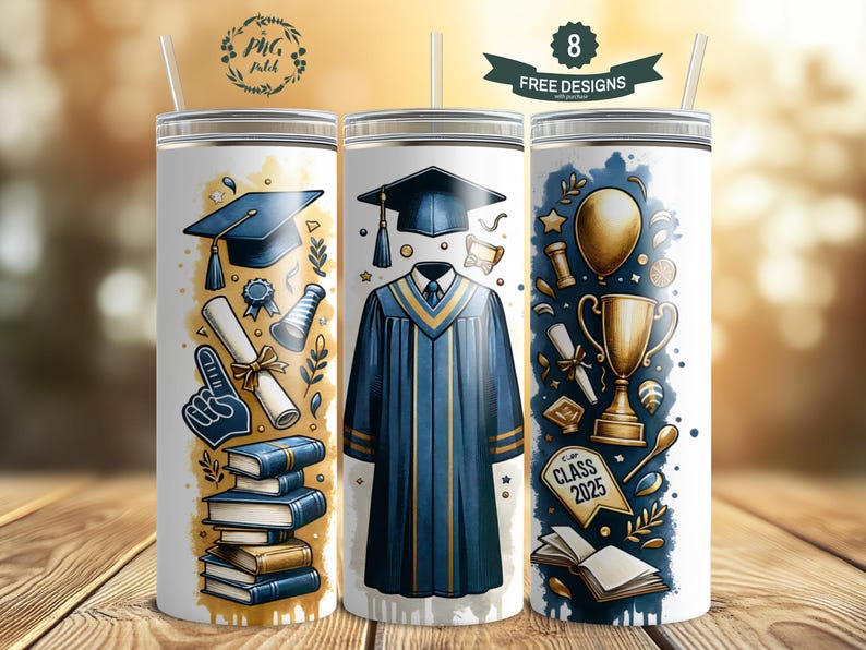 Blue and Gold Graduation 2025 Seamless, 20 Oz Skinny Tumbler ...