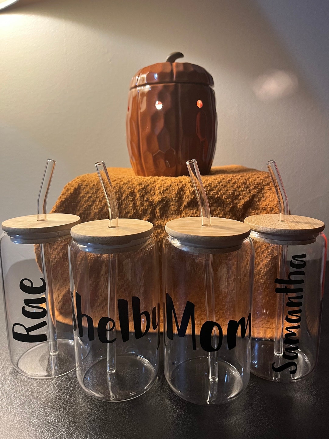 Custom Glass Cups With Glass Straw & Bamboo Lid can Style - Etsy