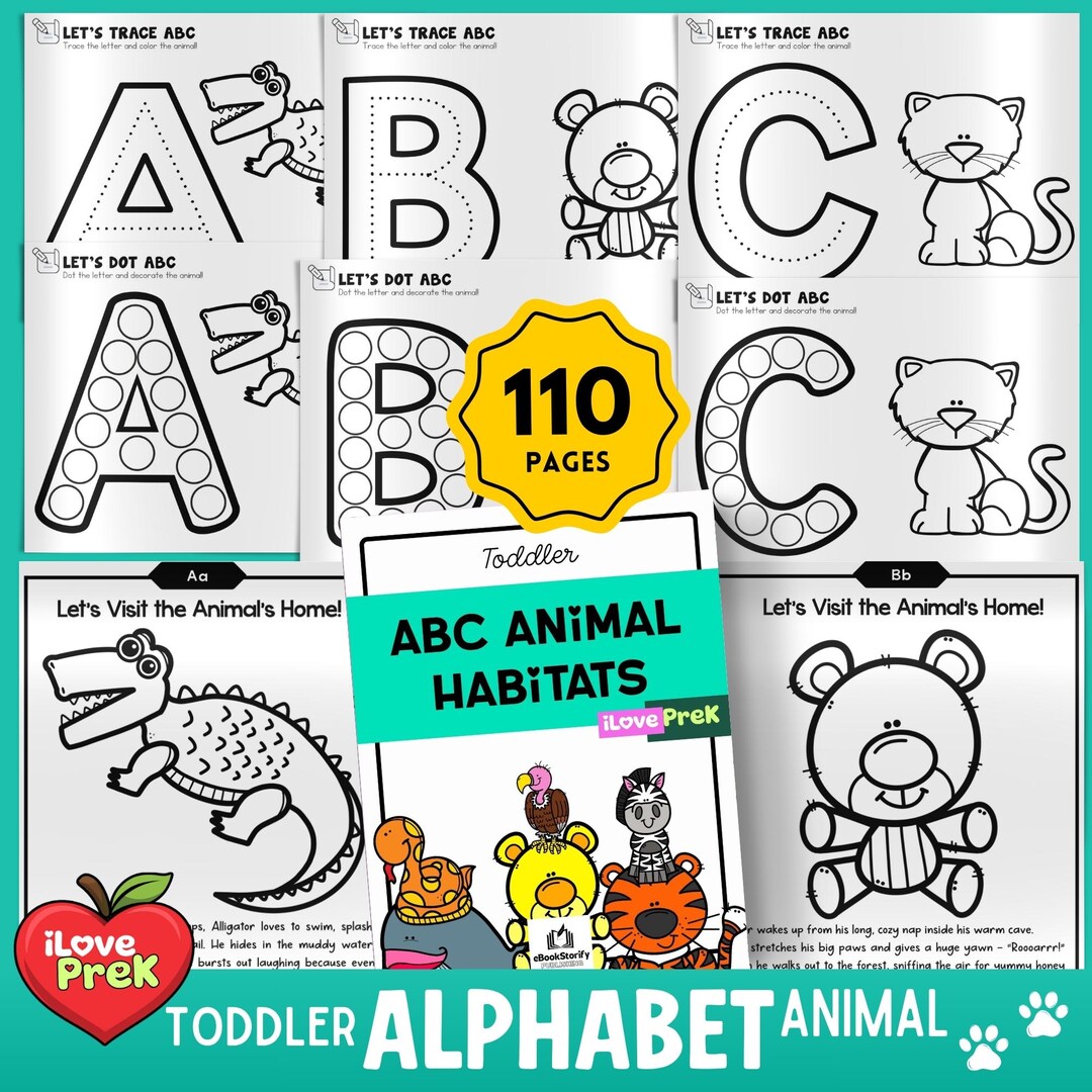 Toddler Alphabet Animals Letters Pack, Fine Motor Dot Painting, Trace ...