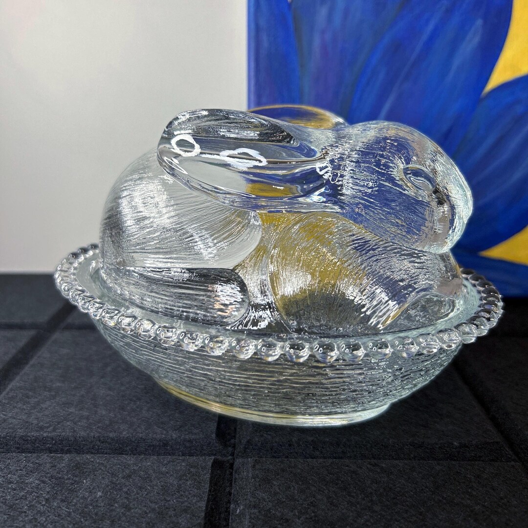 Indiana Glass Bunny on a Nest | Lidded Textured Bowl | American Pressed ...