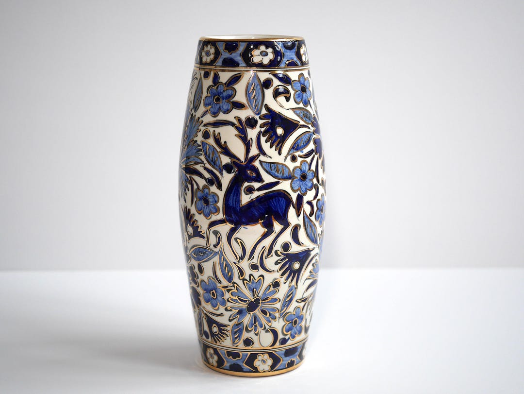 Rare Vintage Hand Made Ikaros Pottery Rhodes Greece Blue White Gold ...