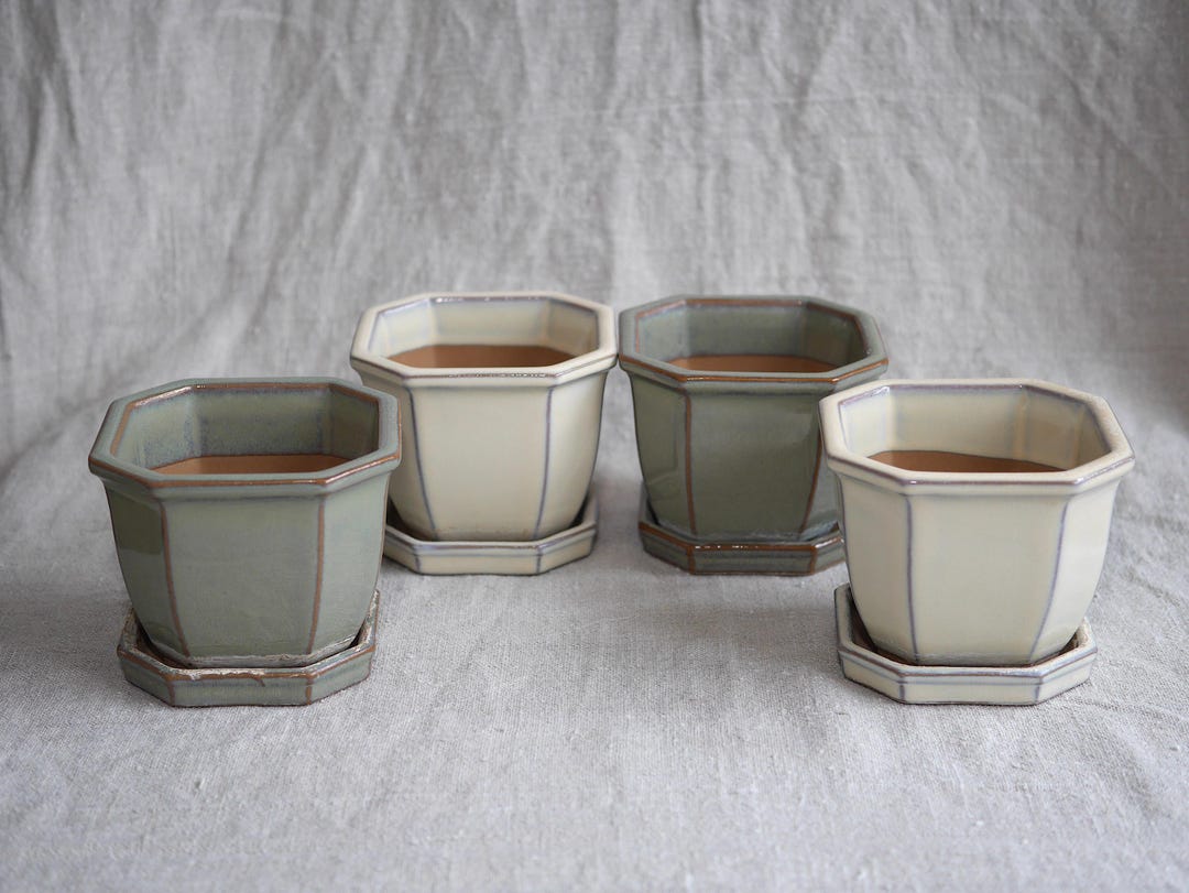 Fuji Japan Small Bonsai Octagonal Glazed Planter With Drip Tray, Green ...