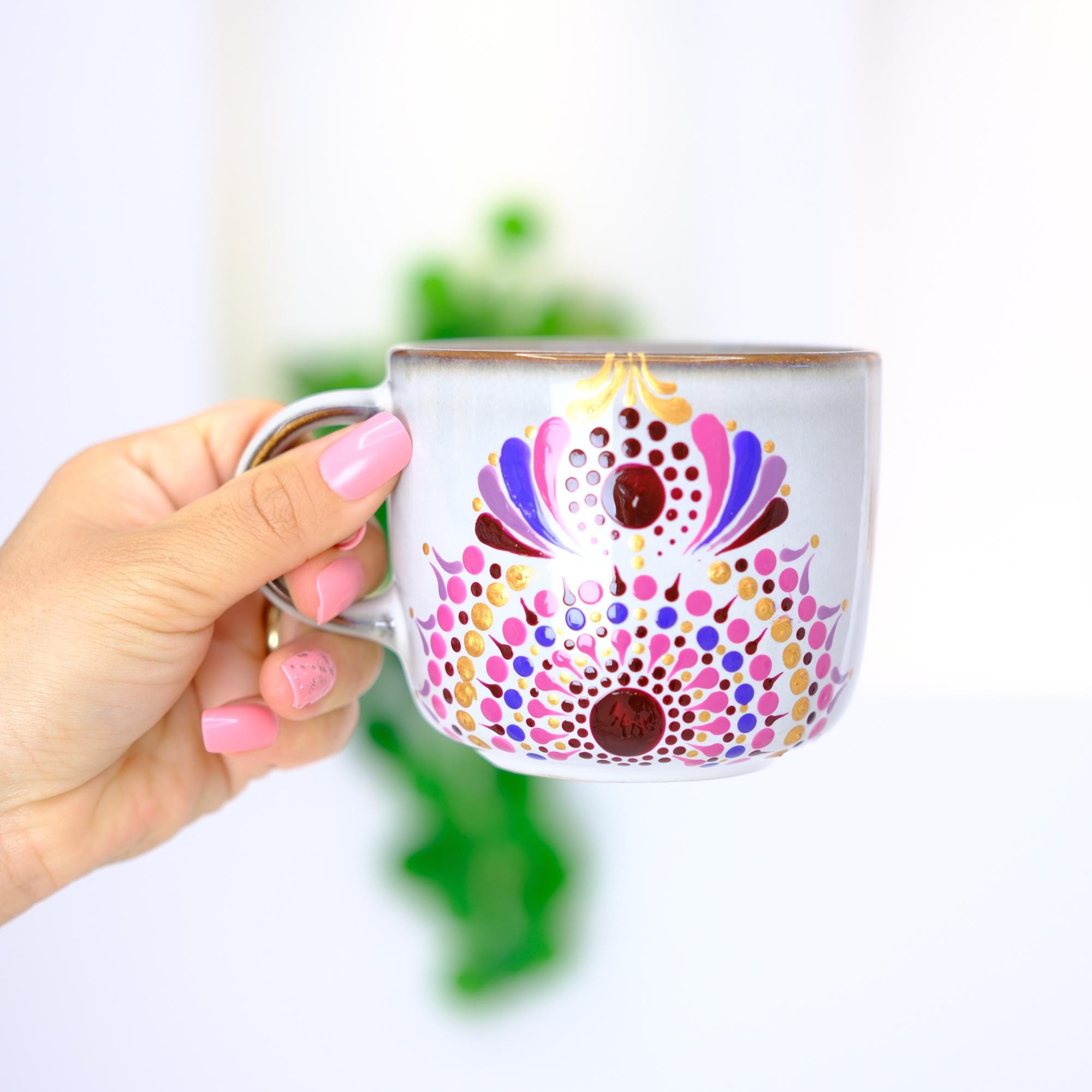 Hand-painted Mandala Ceramic Mug: Gold & Black Dot Art, Boho Oversized ...