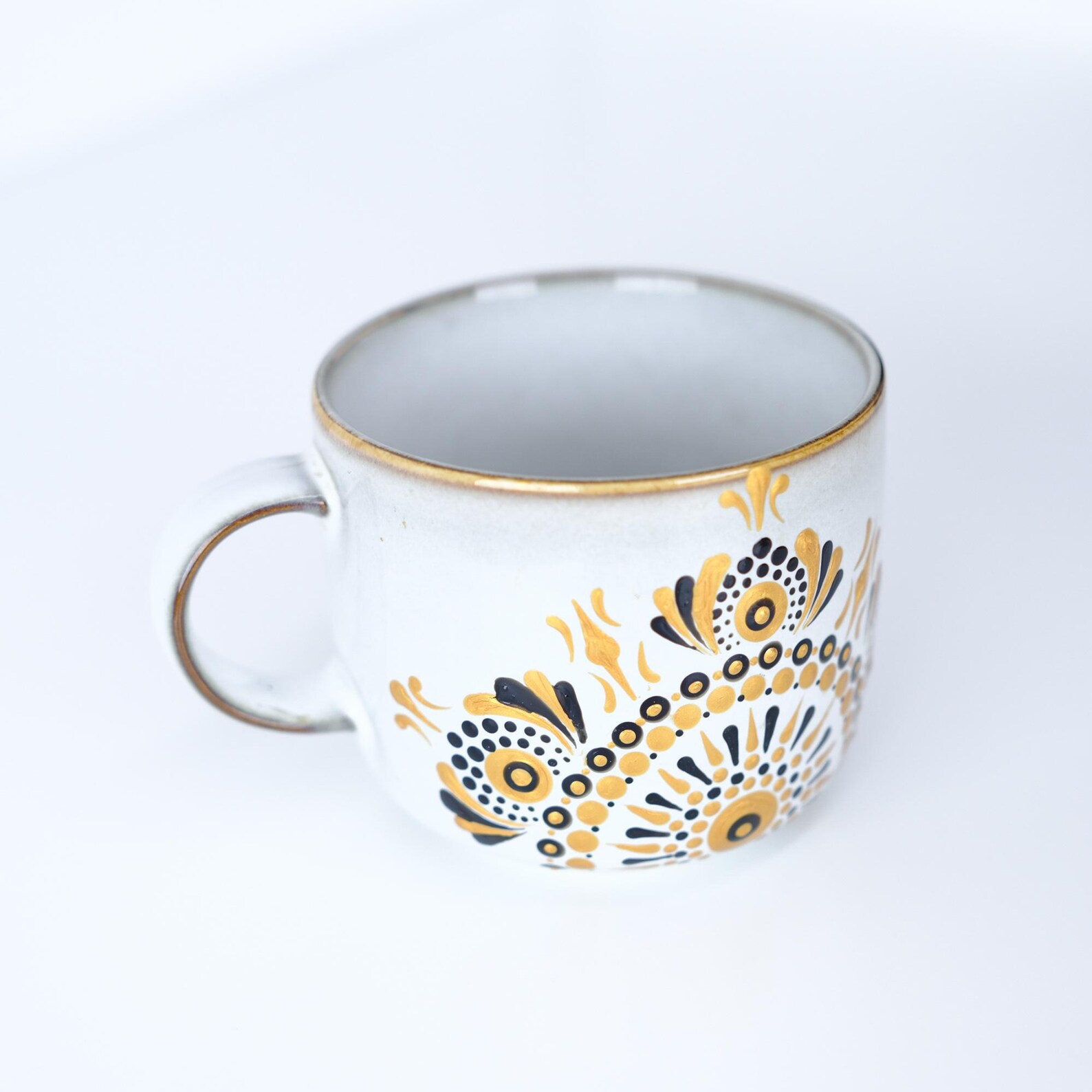Hand-painted Mandala Ceramic Mug: Gold & Black Dot Art, Boho Oversized ...