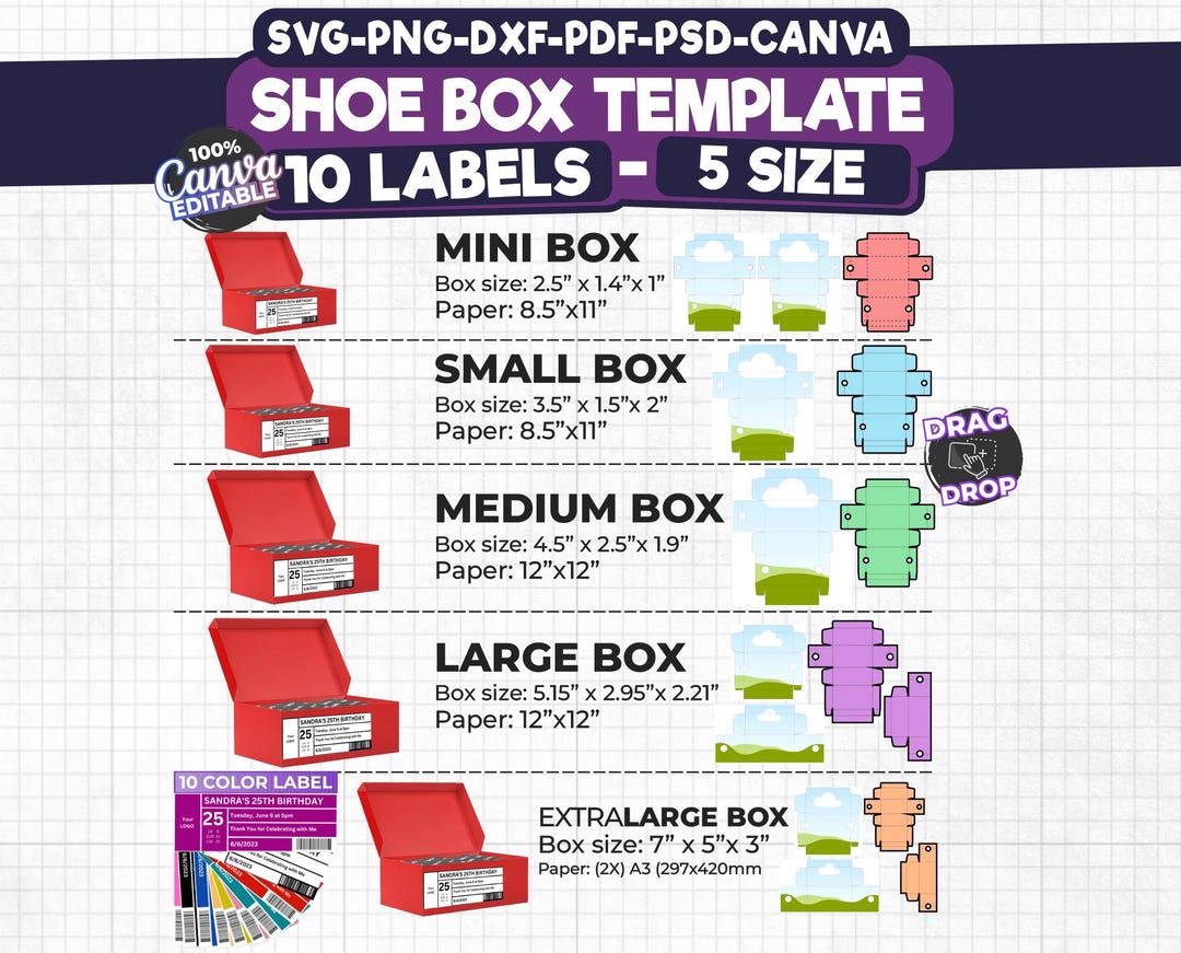 Shoe Box Template Bundle: 5 Sizes, 10 Editable Labels (digital Download ...