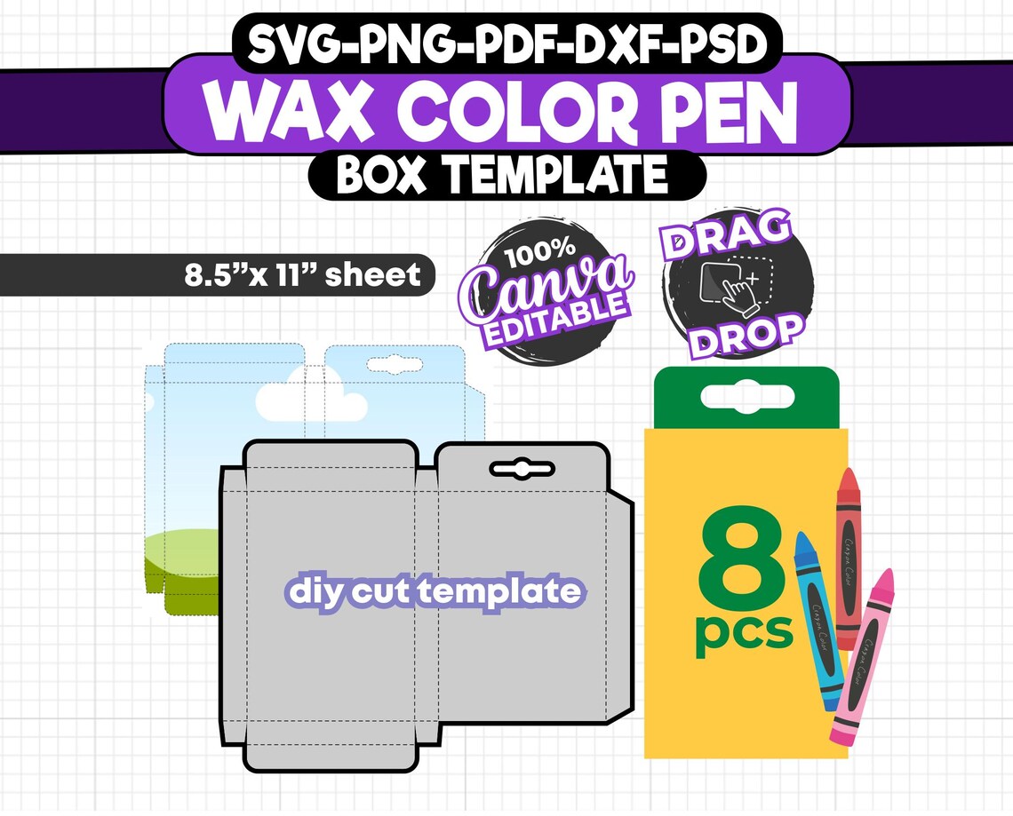 5 Size Crayon Box Template, Wax Crayon Box Template, Party Favors Box ...