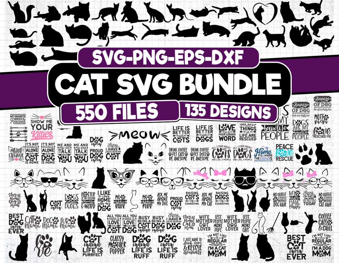 Cat SVG Bundle: 550+ Designs for Cricut, Cat Mom, Kawaii (instant ...