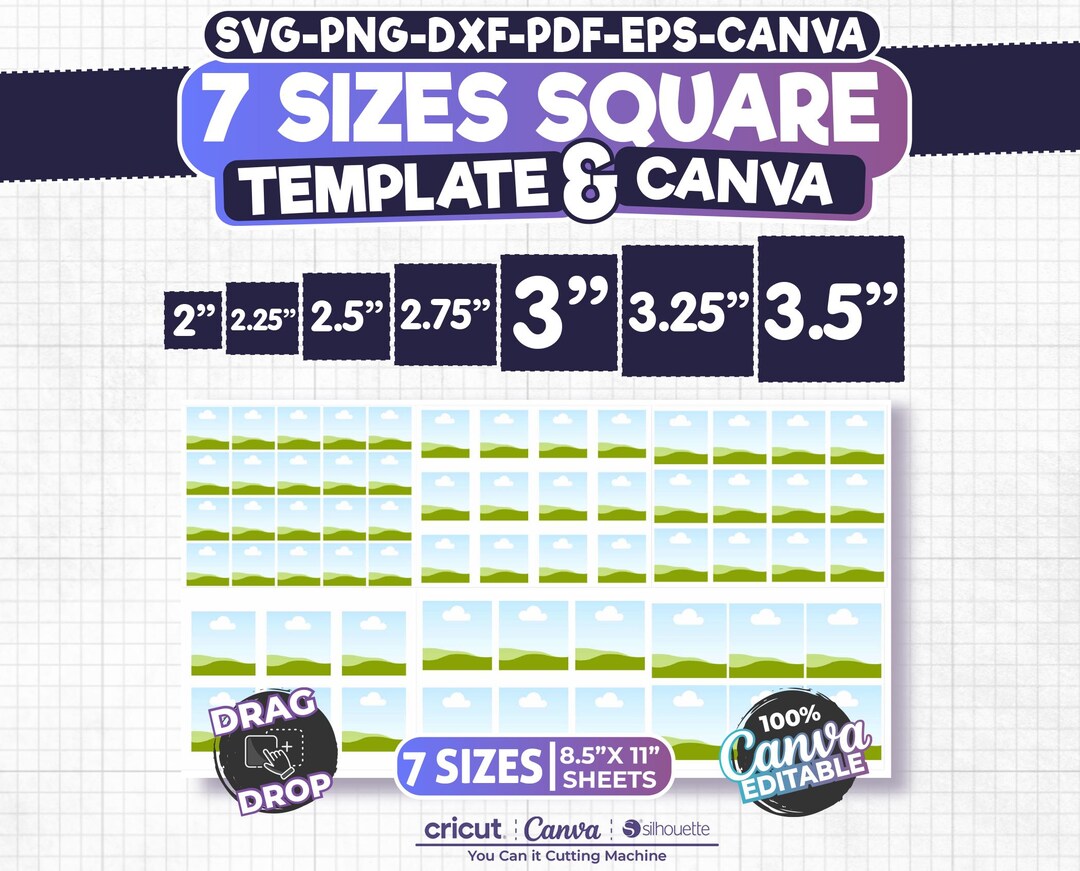 7 Sizes Square Label Template SVG, Canva Editable, 8.5x11 Inch ...