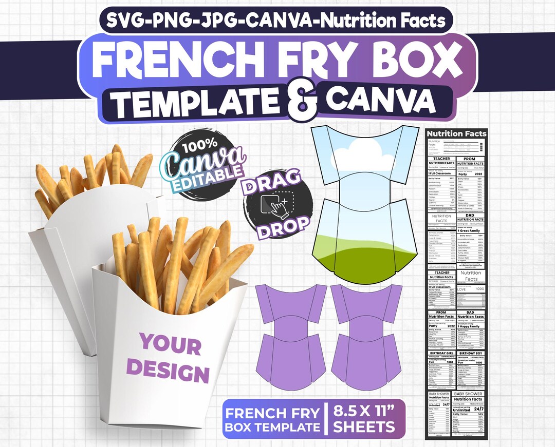 French Fry Box Template: Party Snack Box SVG, DXF, PDF (instant ...