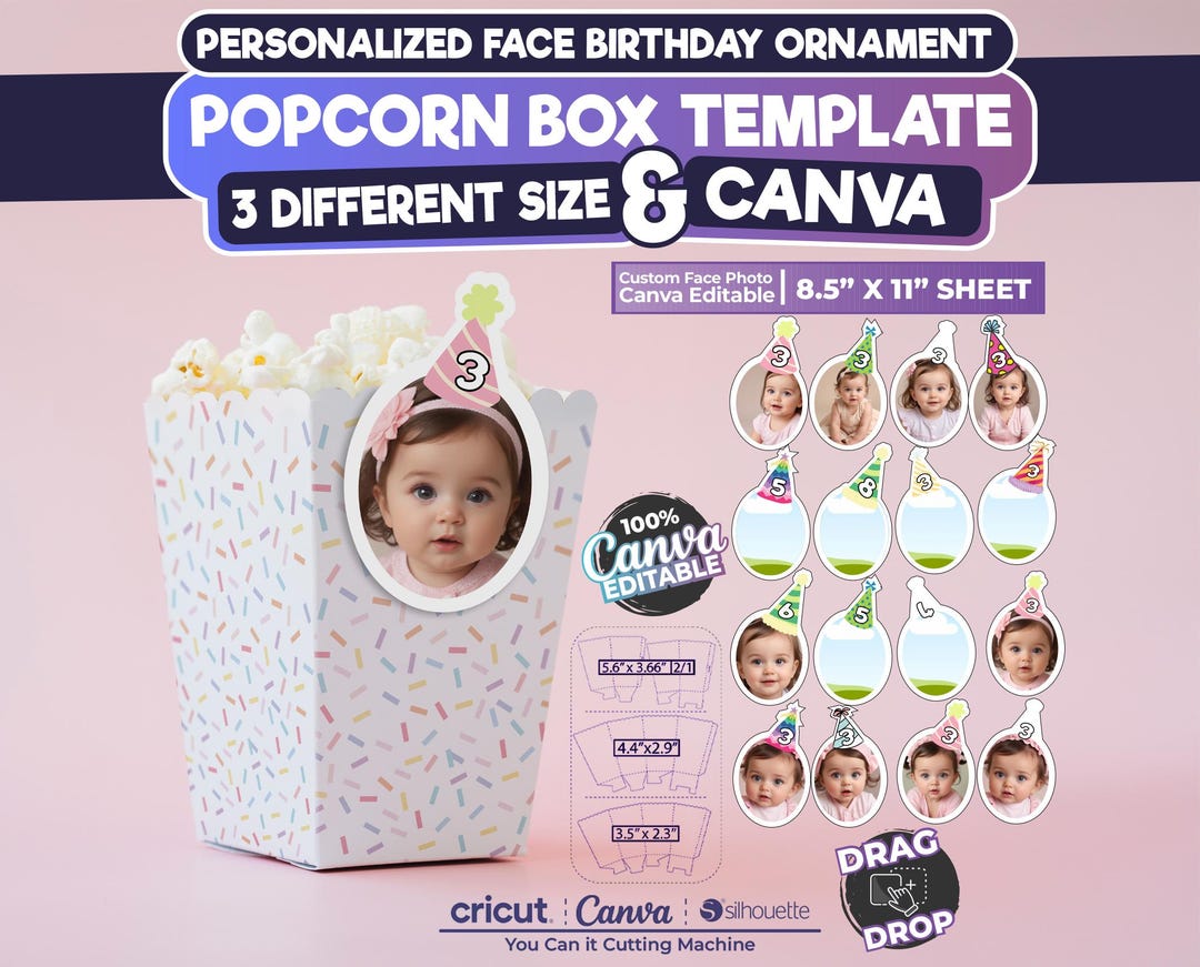 Personalized Face Birthday Popcorn Box Template: DIY Party Favor ...