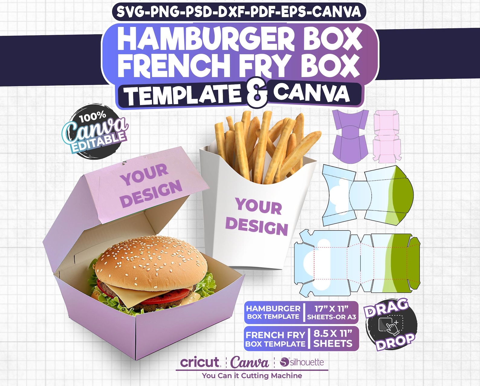 Hamburger Box Template Svg, French Fry Box Template Svg, Cheeseburger Box Template, French Fry ...