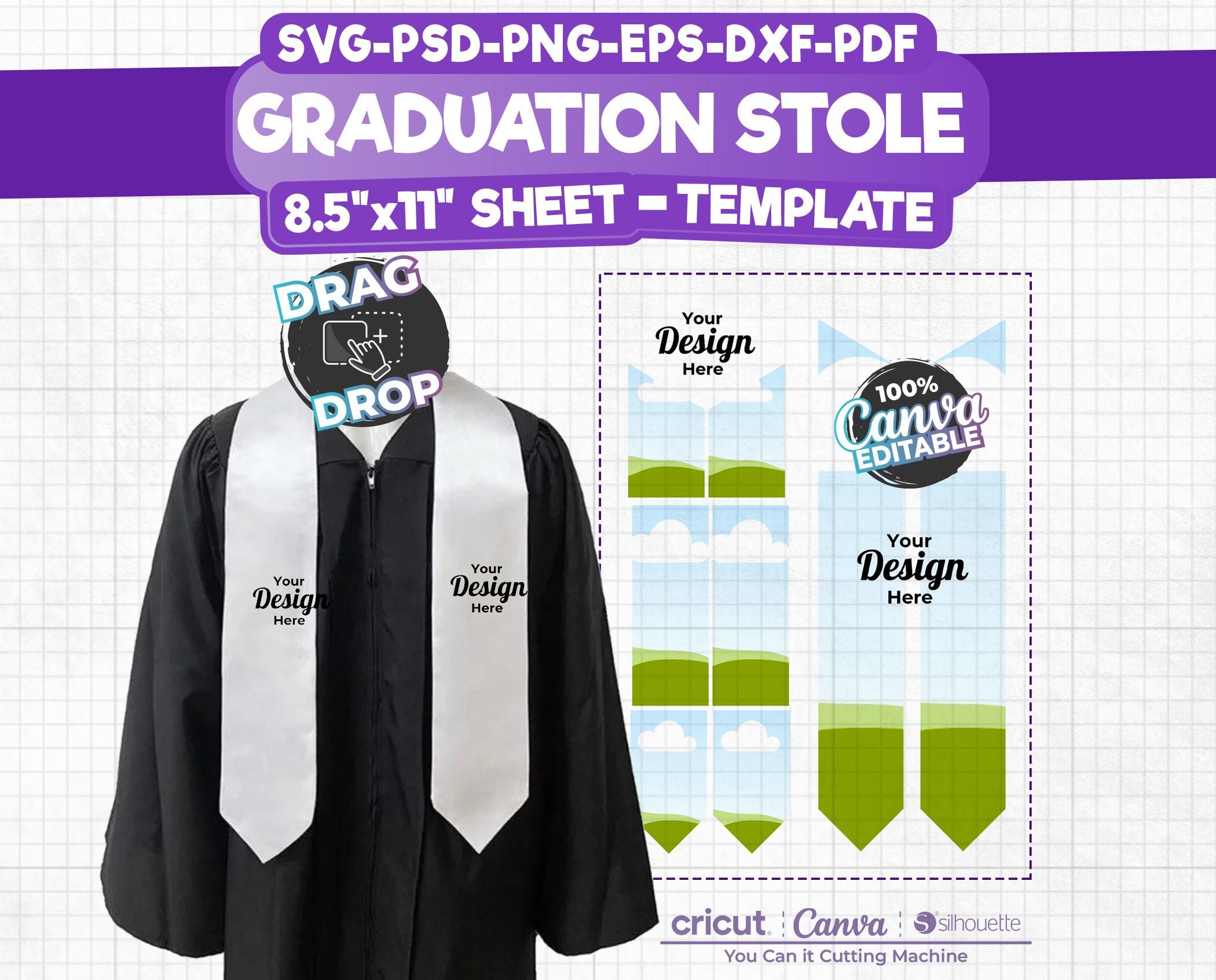 Graduation Stole Template Bundle: Canva Editable SVG, PNG, PDF (50", 60 ...