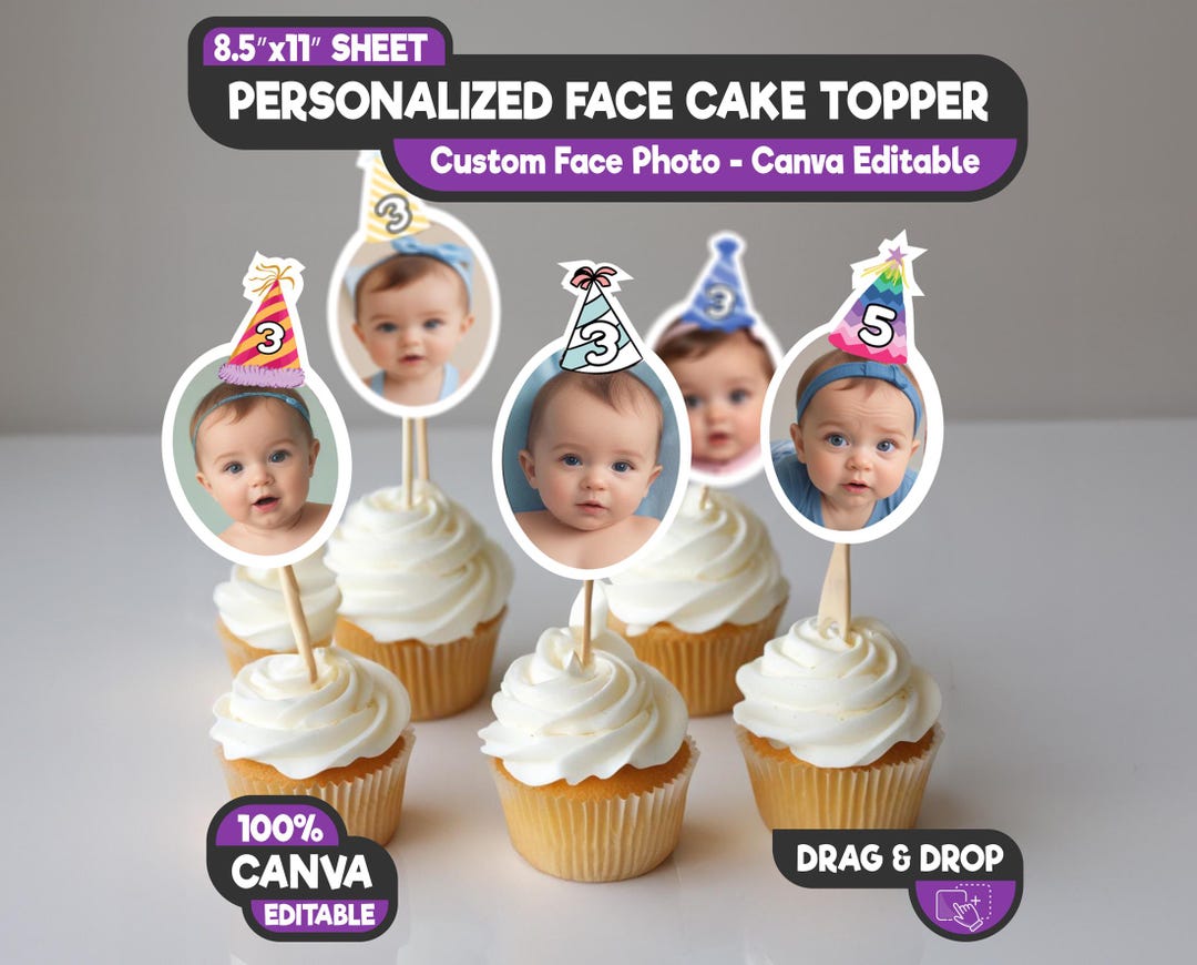 Personalized Face Cake Topper: Custom Photo Cupcake Decorations (canva ...