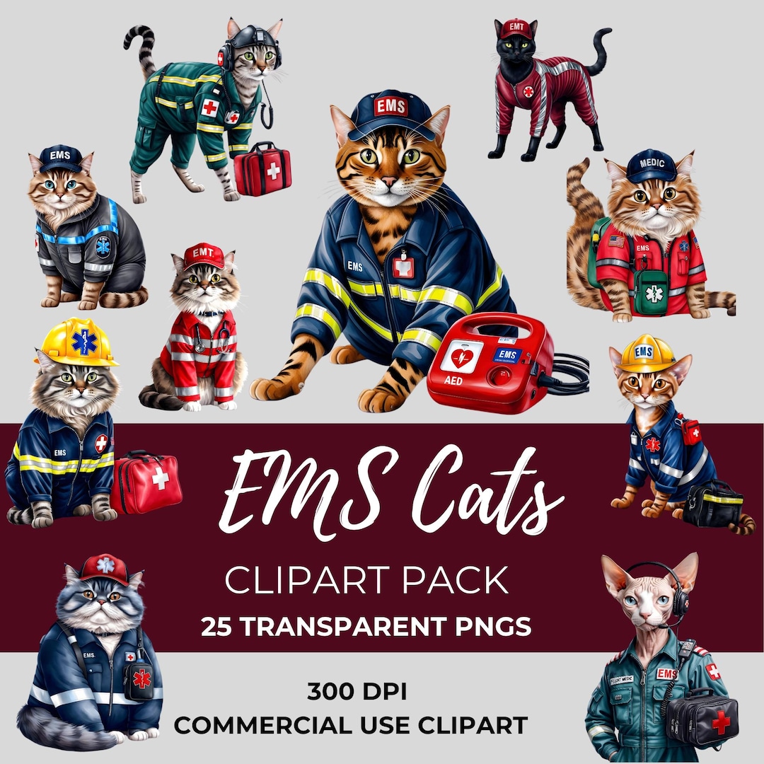 25 EMS Cats Watercolor Clipart Pack, Paramedic Cat PNG, EMT Kitty ...