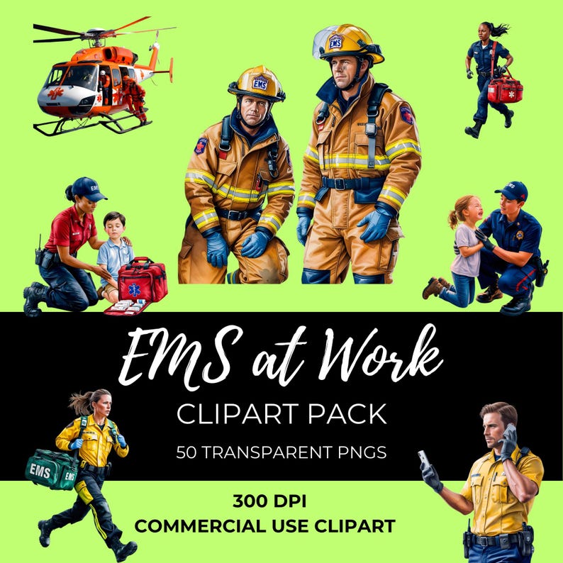 EMS at Work Clipart Pack, 50 Watercolor Pngs + 10 Bonus, EMT Worker Png ...