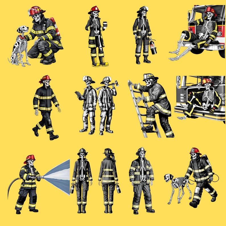 Firefighter Skeletons Clipart Pack for Halloween Designs, 12 Funny ...