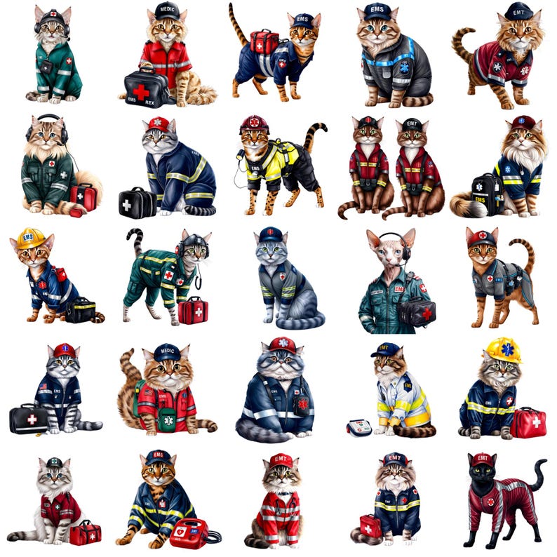 25 EMS Cats Watercolor Clipart Pack, Paramedic Cat PNG, EMT Kitty ...