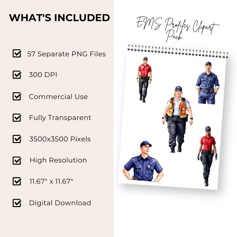 EMS Profiles Clipart Pack, 57 Watercolor Pngs + 10 Bonus Pages, EMT ...
