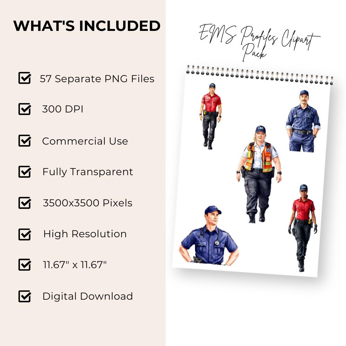 EMS Profiles Clipart Pack, 57 Watercolor Pngs + 10 Bonus Pages, EMT ...