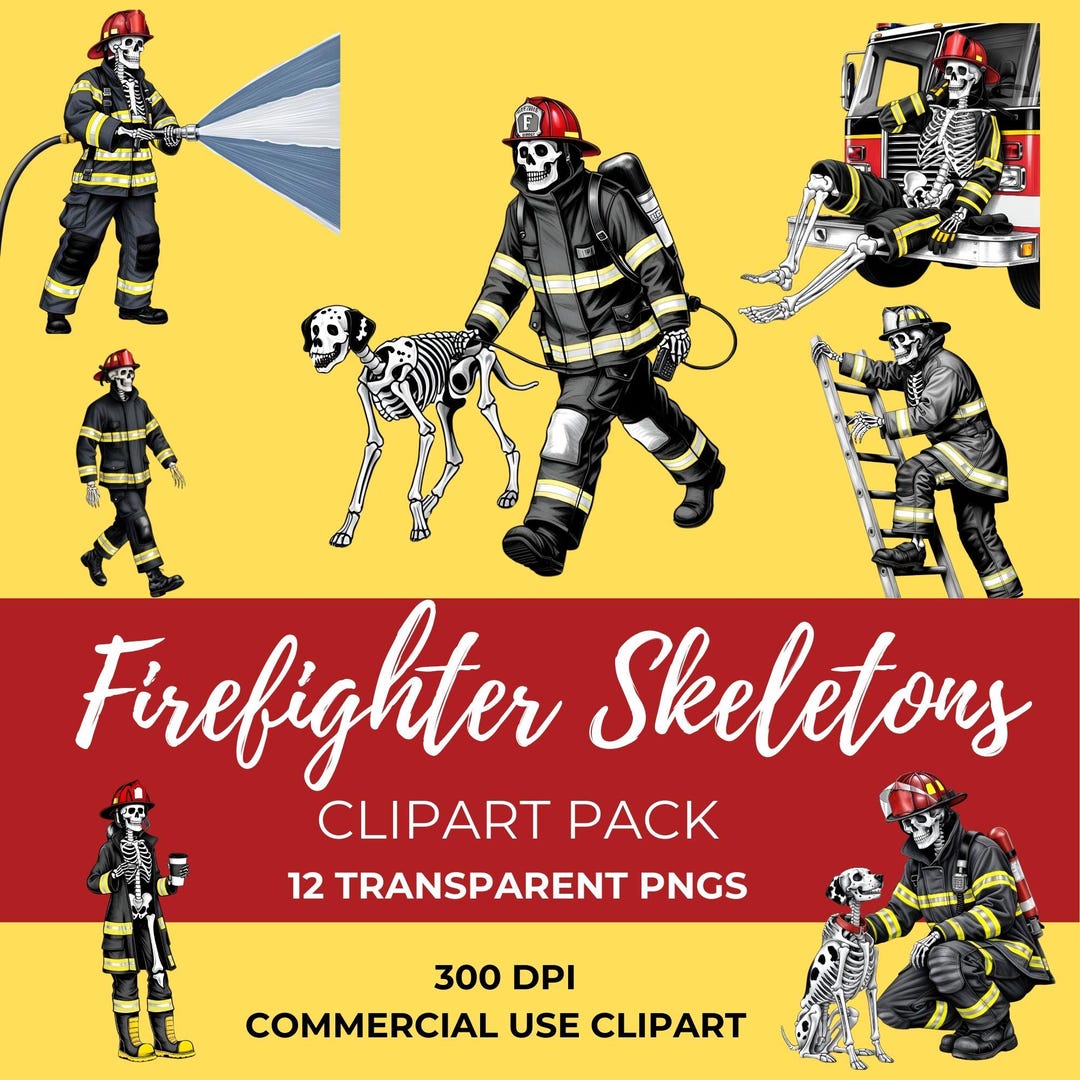 Firefighter Skeletons Clipart Pack for Halloween Designs, 12 Funny ...