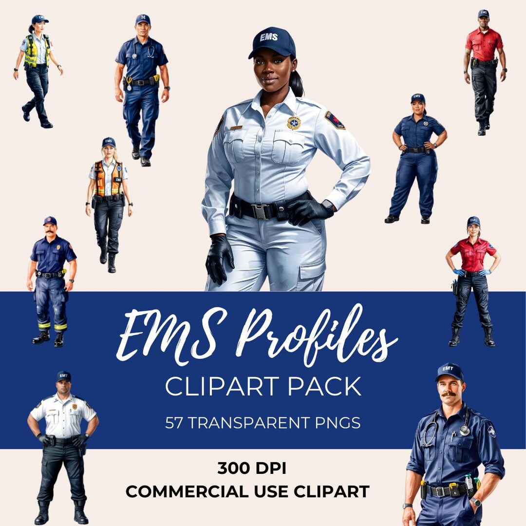 EMS Profiles Clipart Pack, 57 Watercolor Pngs + 10 Bonus Pages, EMT ...