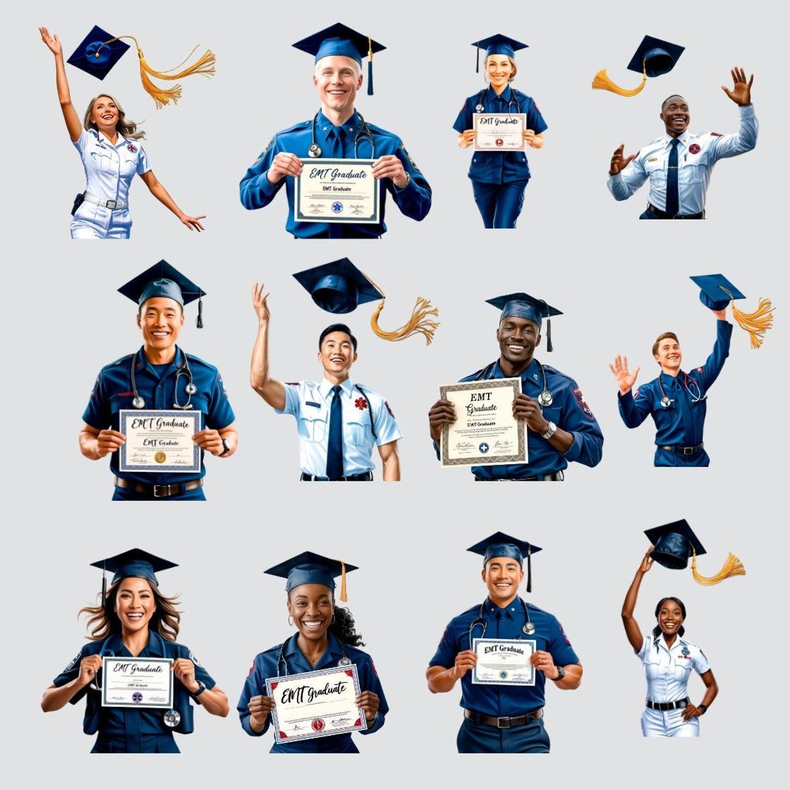Watercolor EMT Graduate Clipart Pack With Diverse Students, 12 EMT ...