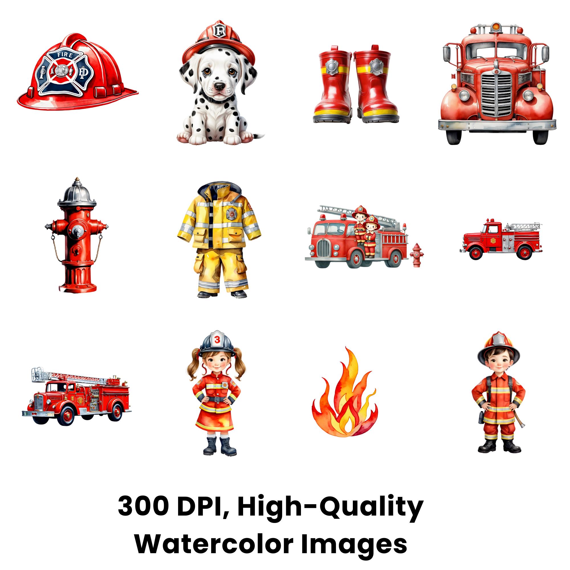 Fire Engine Nursery Clipart Pack, Watercolor Firefighter PNG, Fire ...