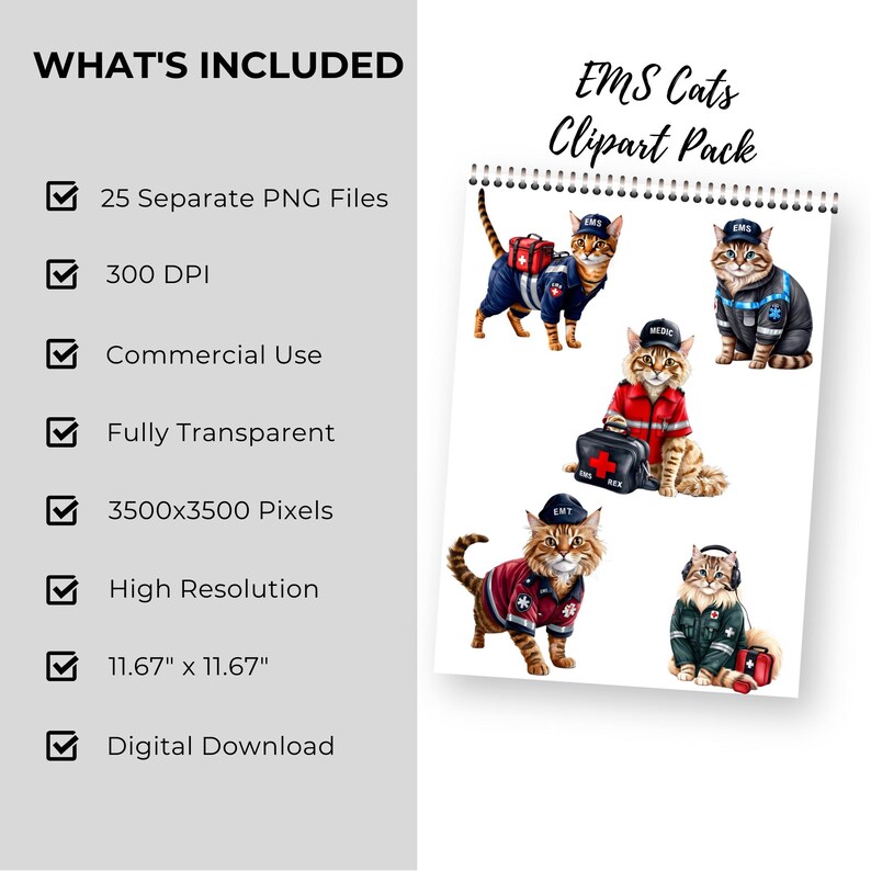 25 EMS Cats Watercolor Clipart Pack, Paramedic Cat PNG, EMT Kitty ...