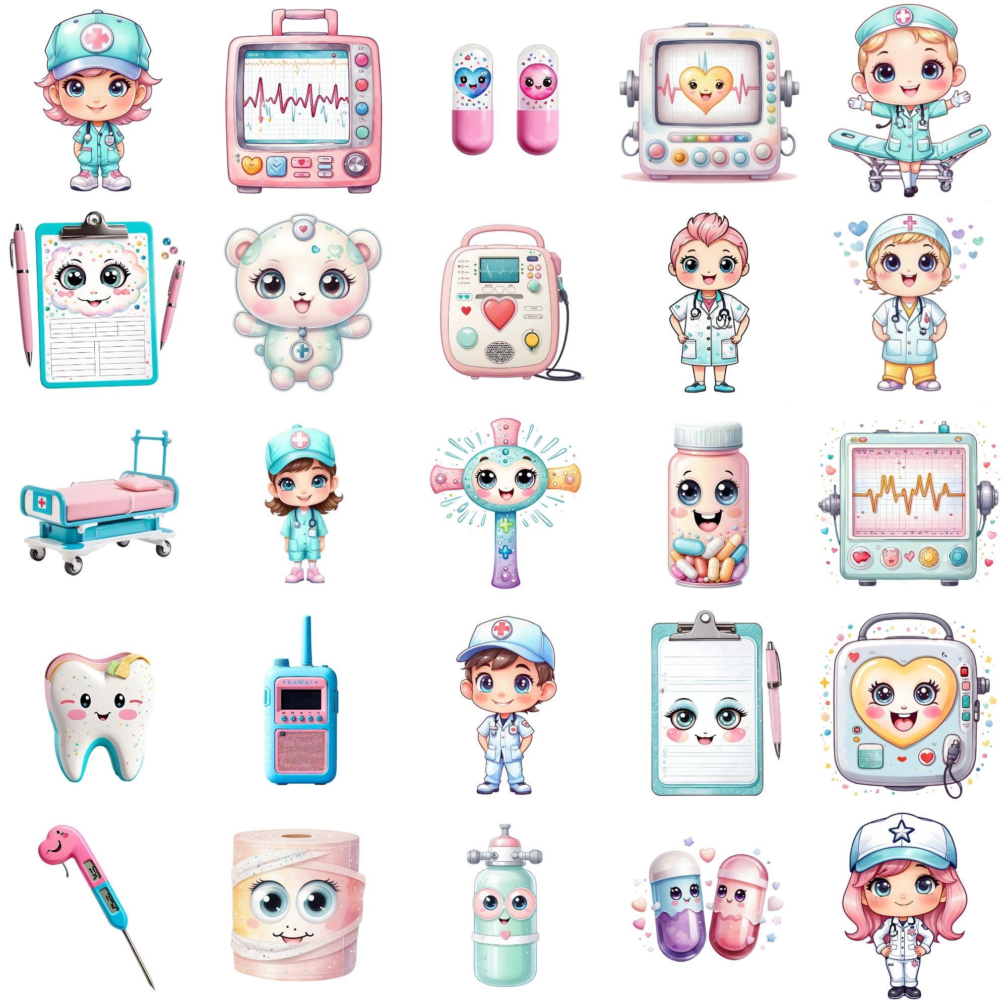 Kawaii EMS Clipart Bundle PNG | 48 Transparent 300 Dpi Cute Medical ...