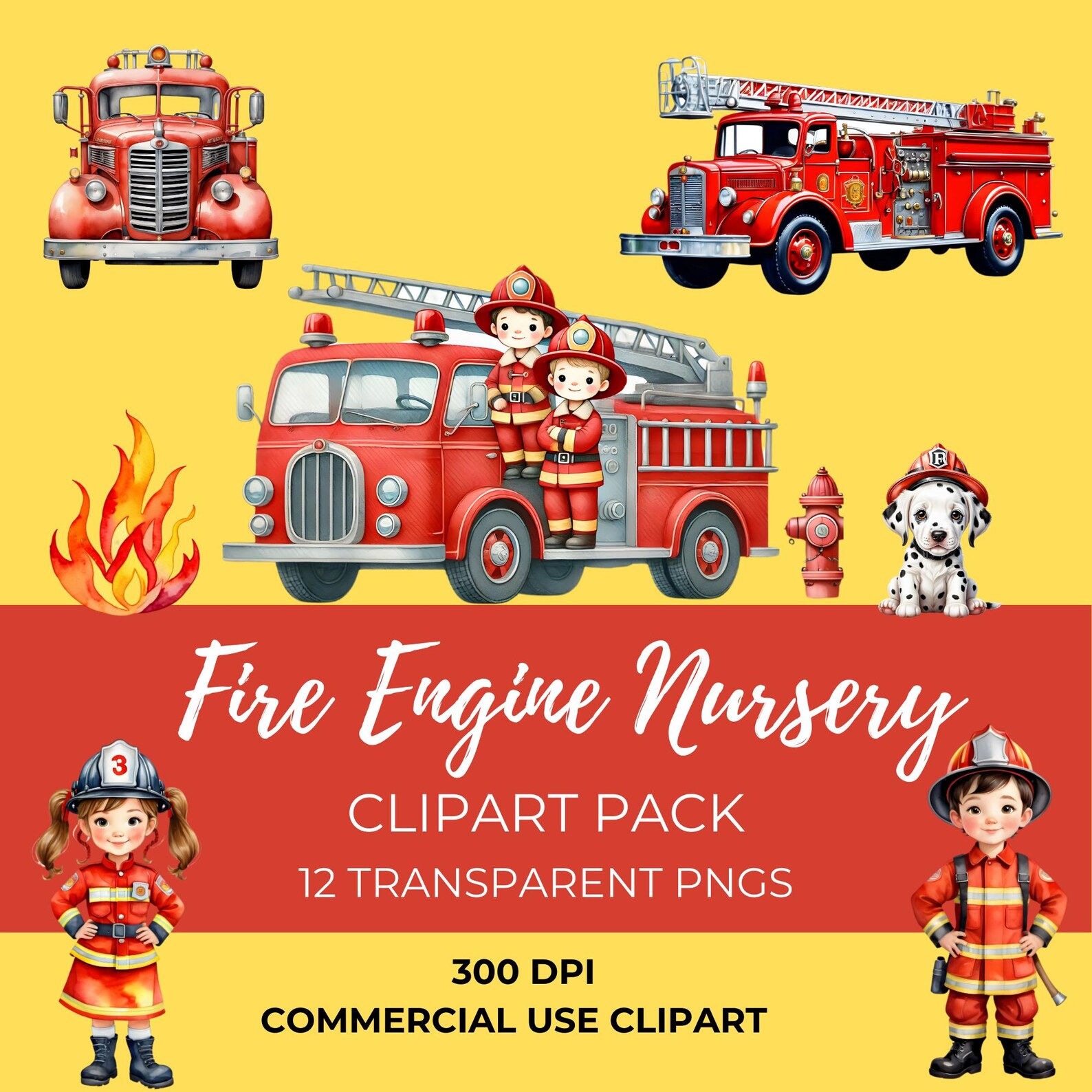 Fire Engine Nursery Clipart Pack, Watercolor Firefighter PNG, Fire ...