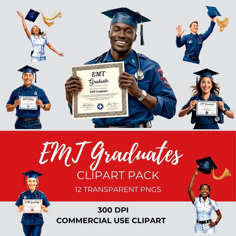 Watercolor EMT Graduate Clipart Pack With Diverse Students, 12 EMT ...