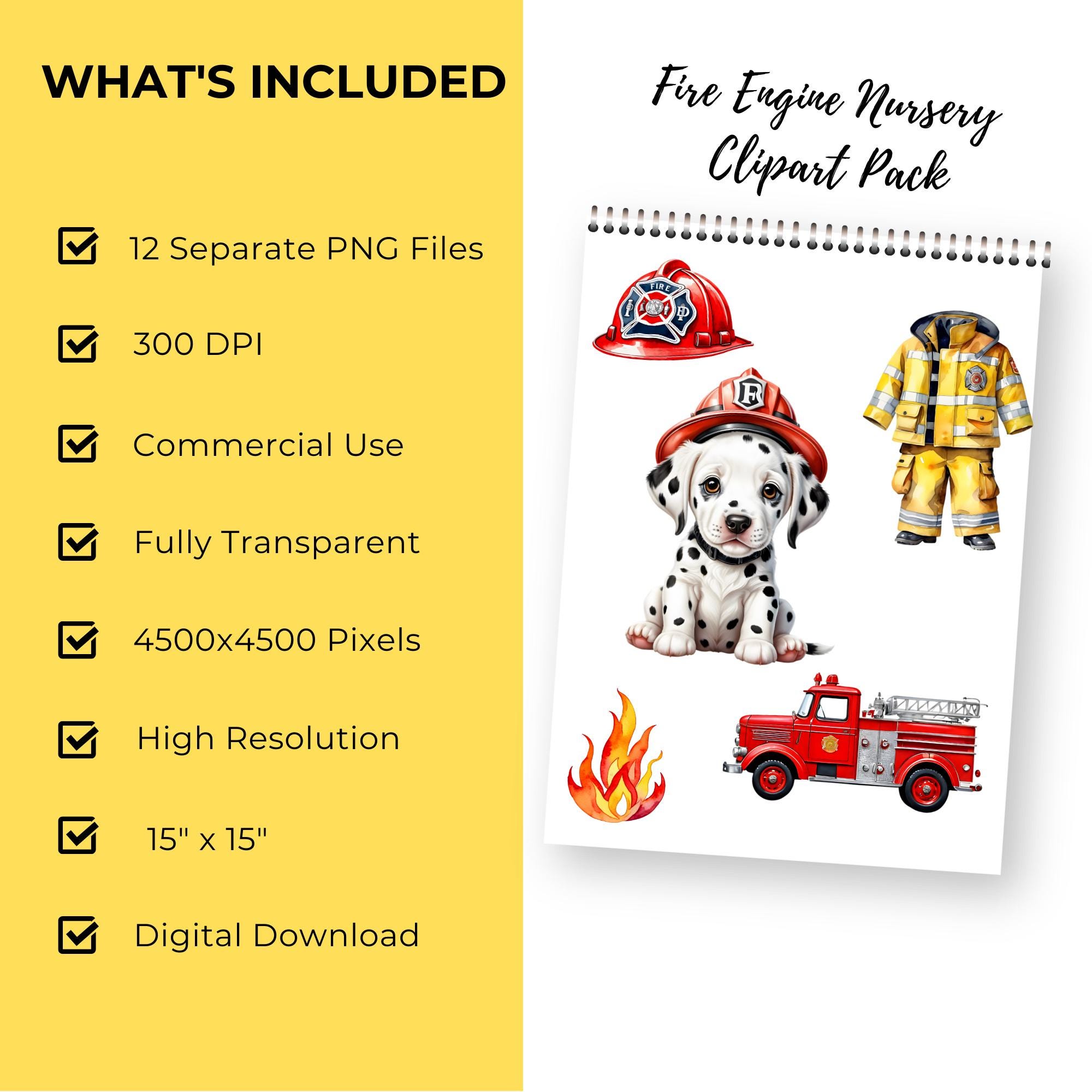 Fire Engine Nursery Clipart Pack, Watercolor Firefighter PNG, Fire ...