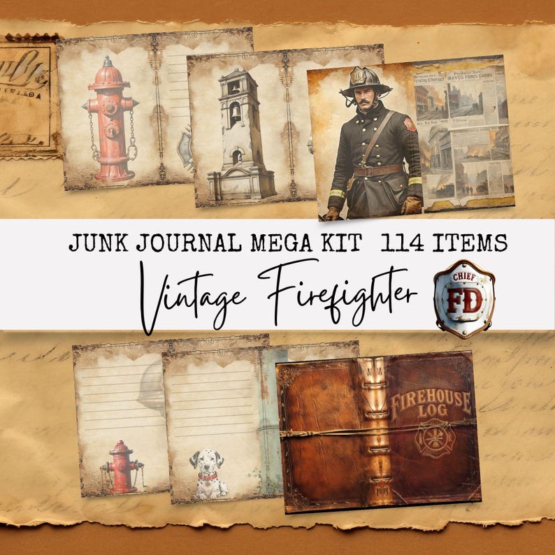 Vintage Firefighter Junk Journal Kit 11x8.5", 114 Pc Mega Set, Digital ...