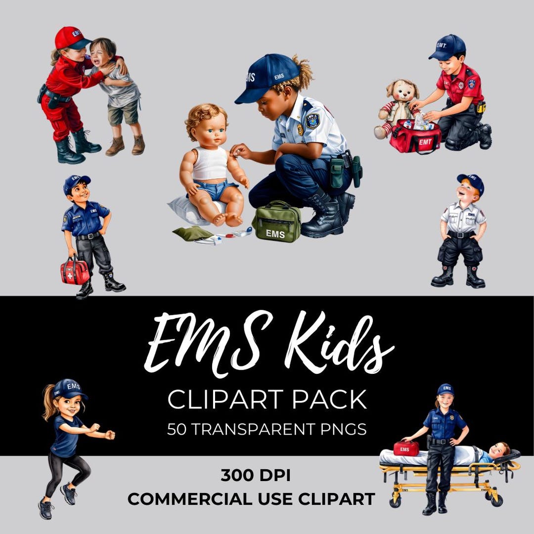 EMS Kids Clipart Pack – 50 Watercolor Pngs + 10 Bonus Pages – EMT ...