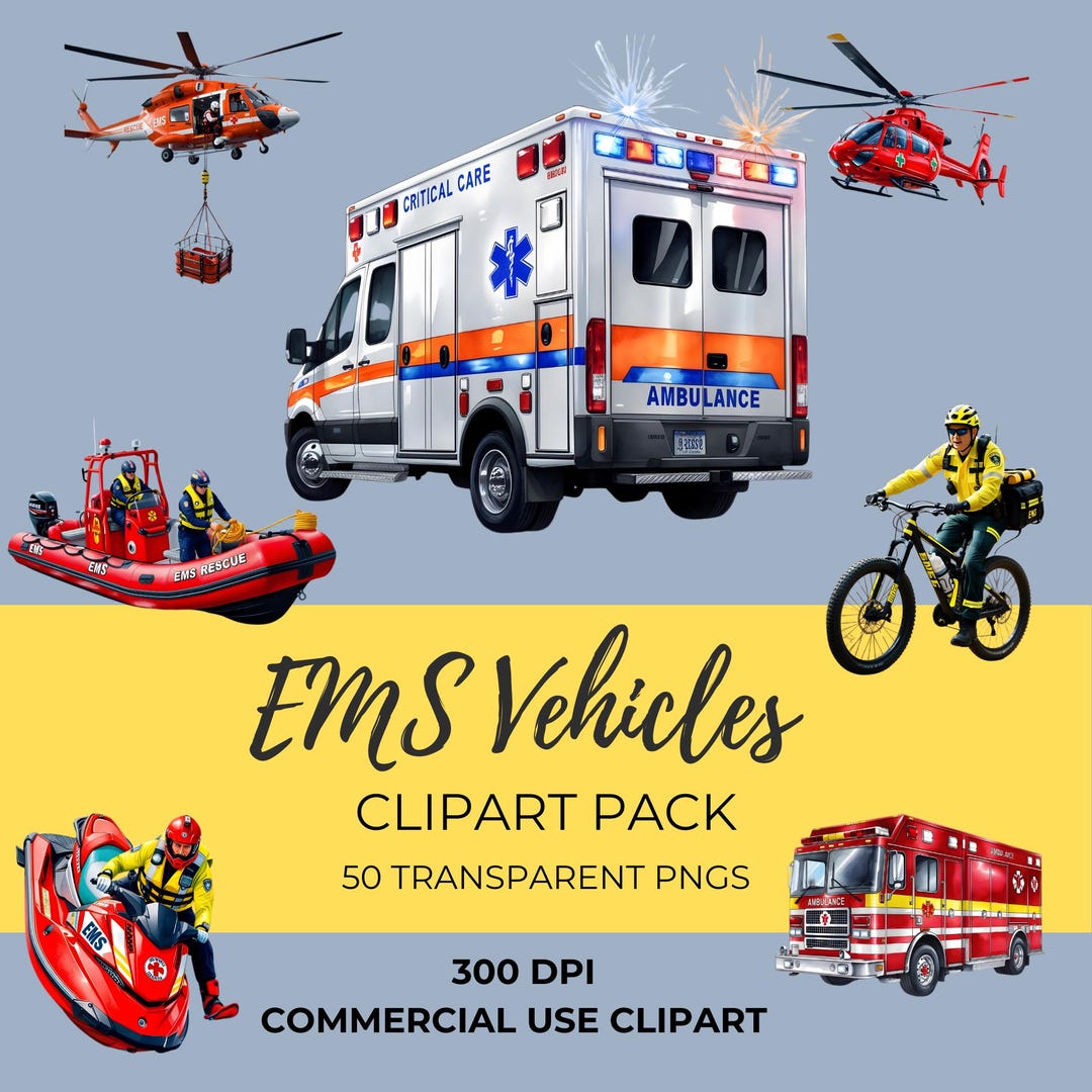 EMS Vehicles Clipart Pack, 50 Watercolor Pngs, Ambulance Clipart ...