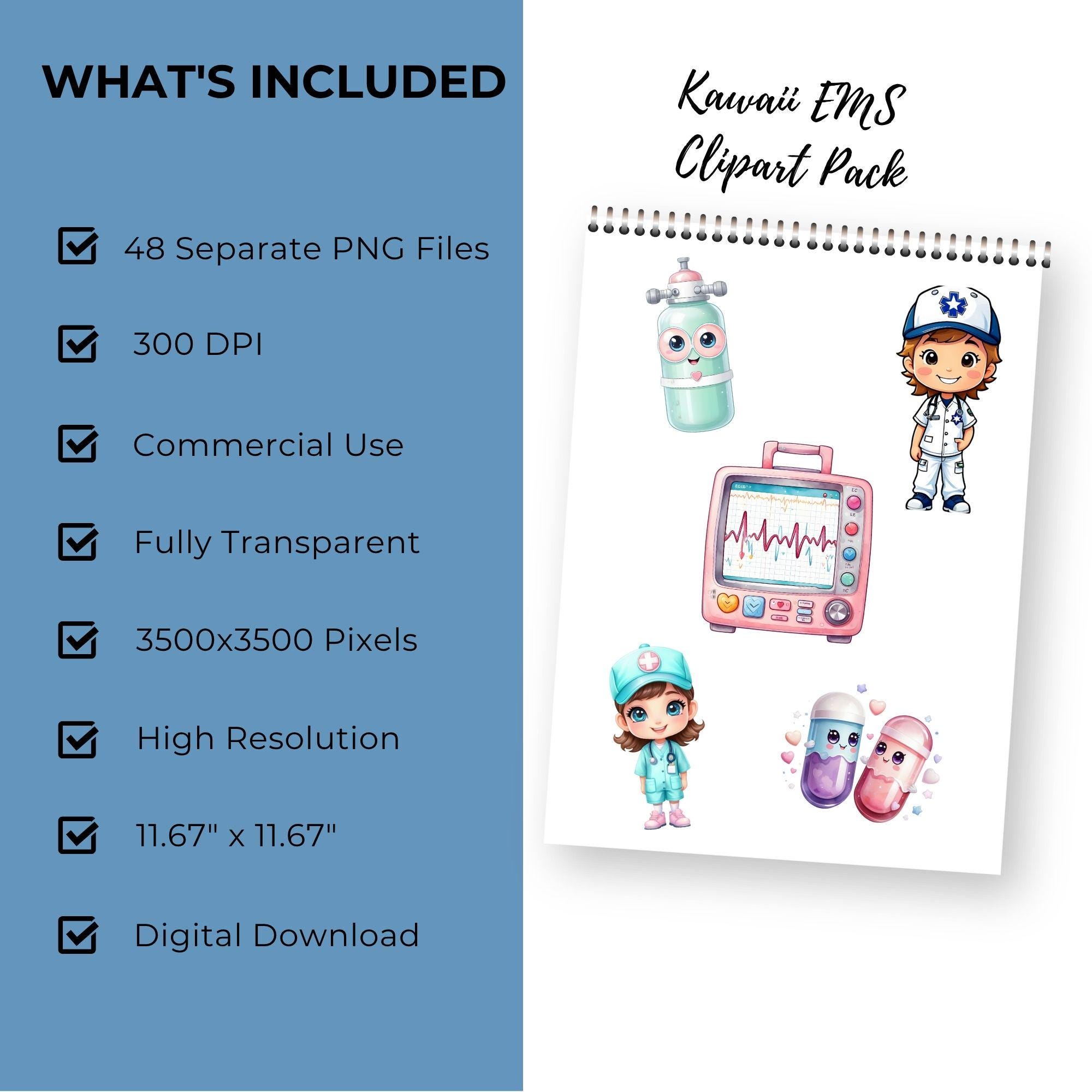 Kawaii EMS Clipart Bundle PNG | 48 Transparent 300 Dpi Cute Medical ...