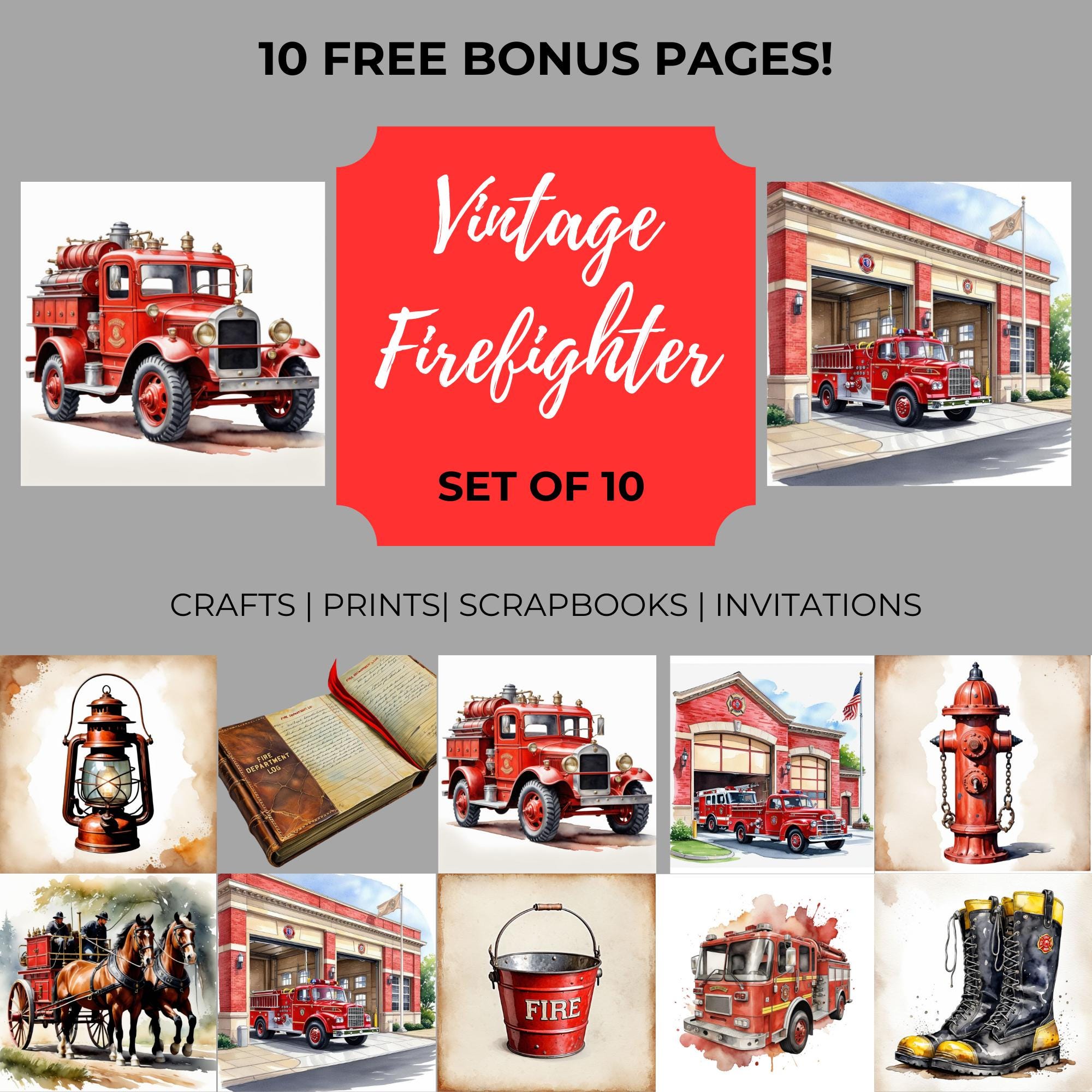 Vintage Firefighter Clipart Bundle | Retro Fire Truck PNG | Firefighter ...