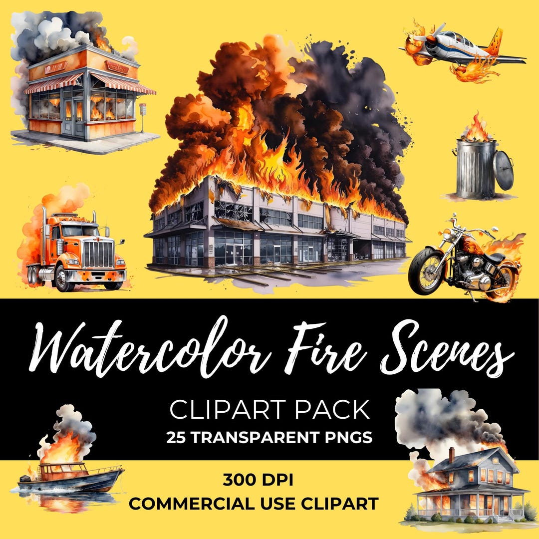 Watercolor Fire Scenes Clipart Pack, 25 PNG Fire Illustrations ...