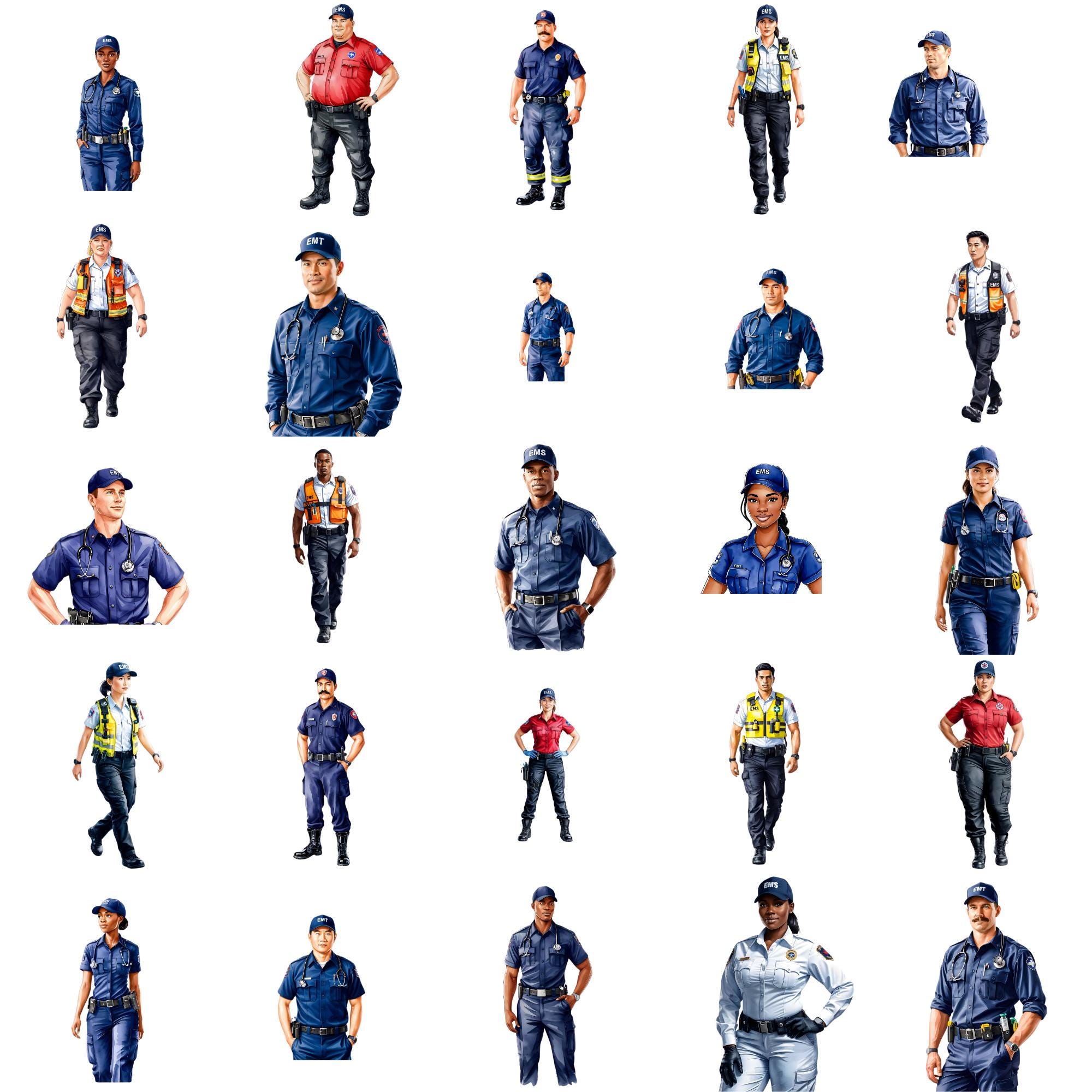 EMS Profiles Clipart Pack, 57 Watercolor Pngs + 10 Bonus Pages, EMT ...