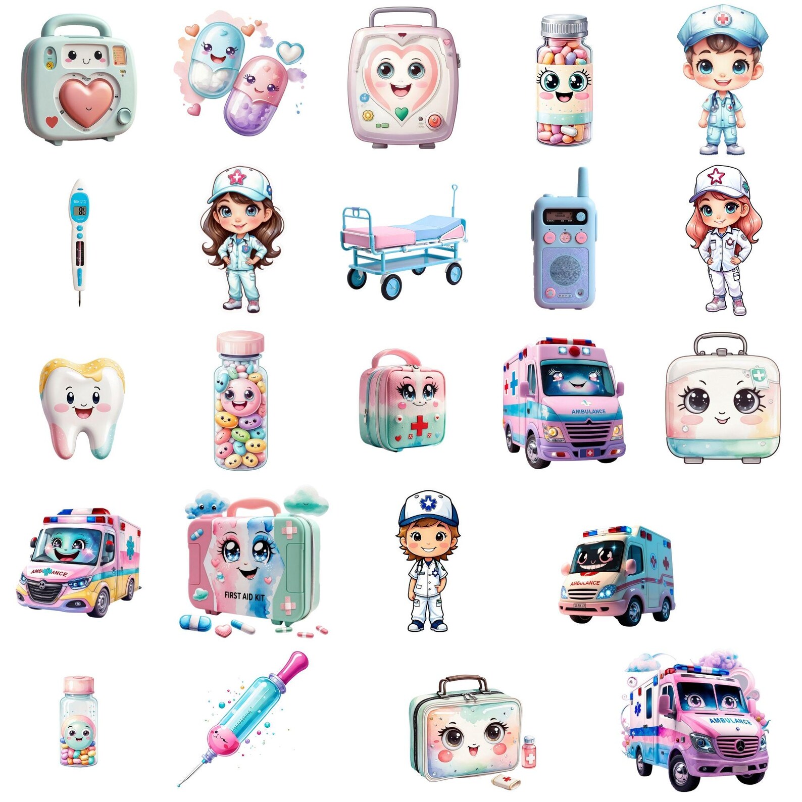 Kawaii EMS Clipart Bundle PNG | 48 Transparent 300 Dpi Cute Medical ...