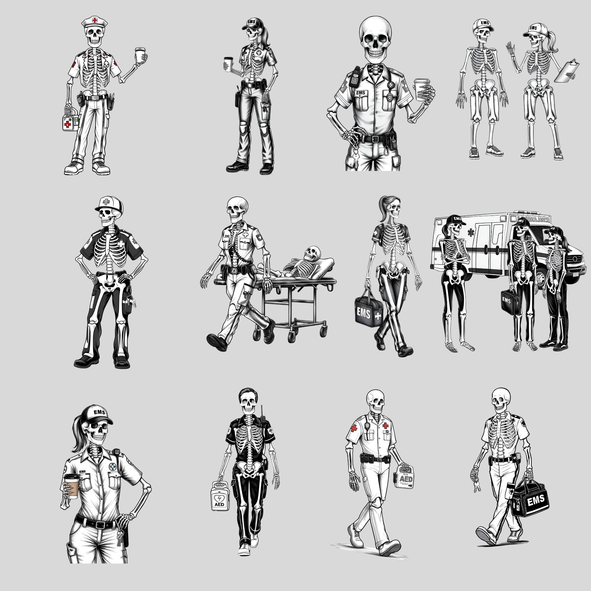 EMS Skeletons Clipart Pack for Paramedic and EMT Designs, 12 Funny ...