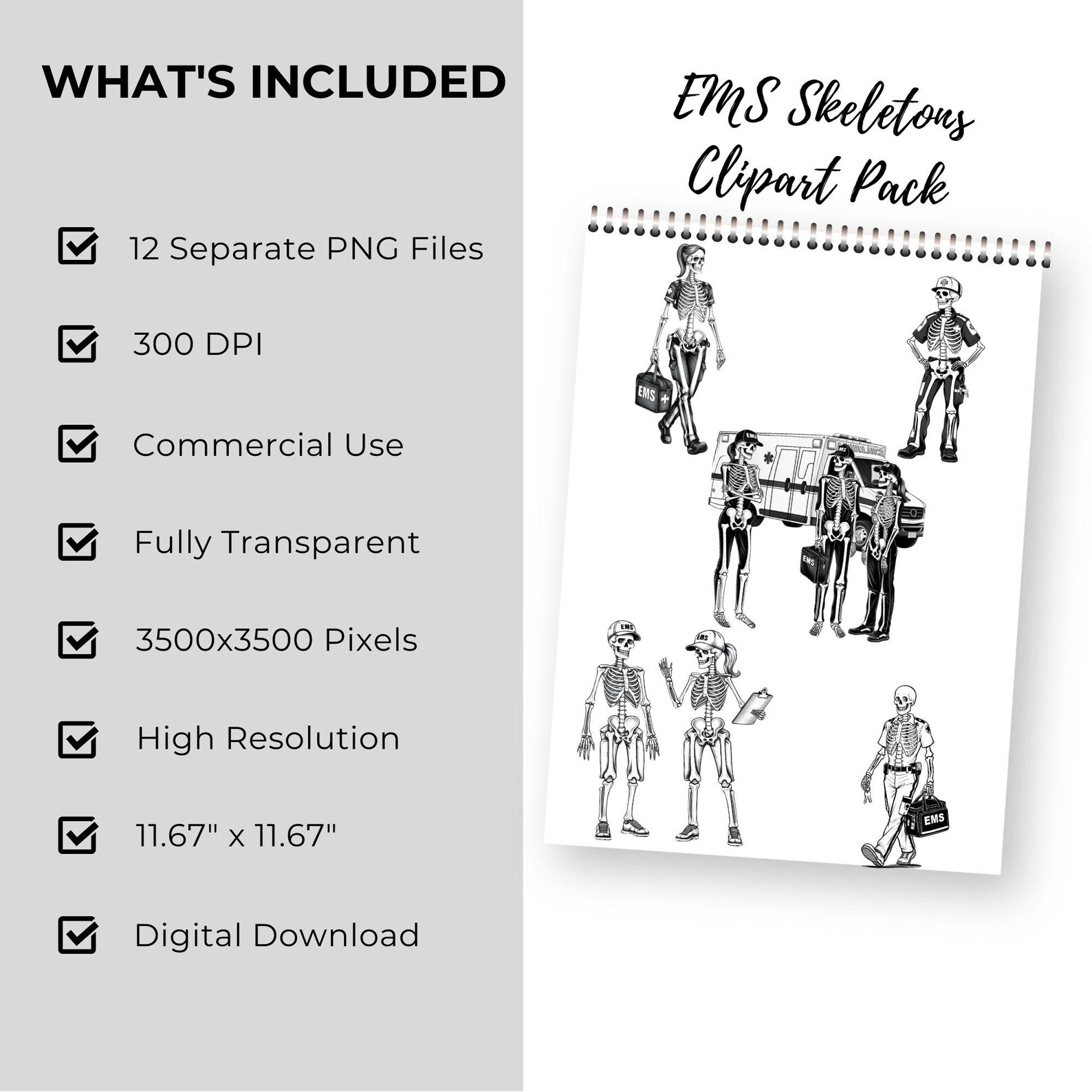 EMS Skeletons Clipart Pack for Paramedic and EMT Designs, 12 Funny ...