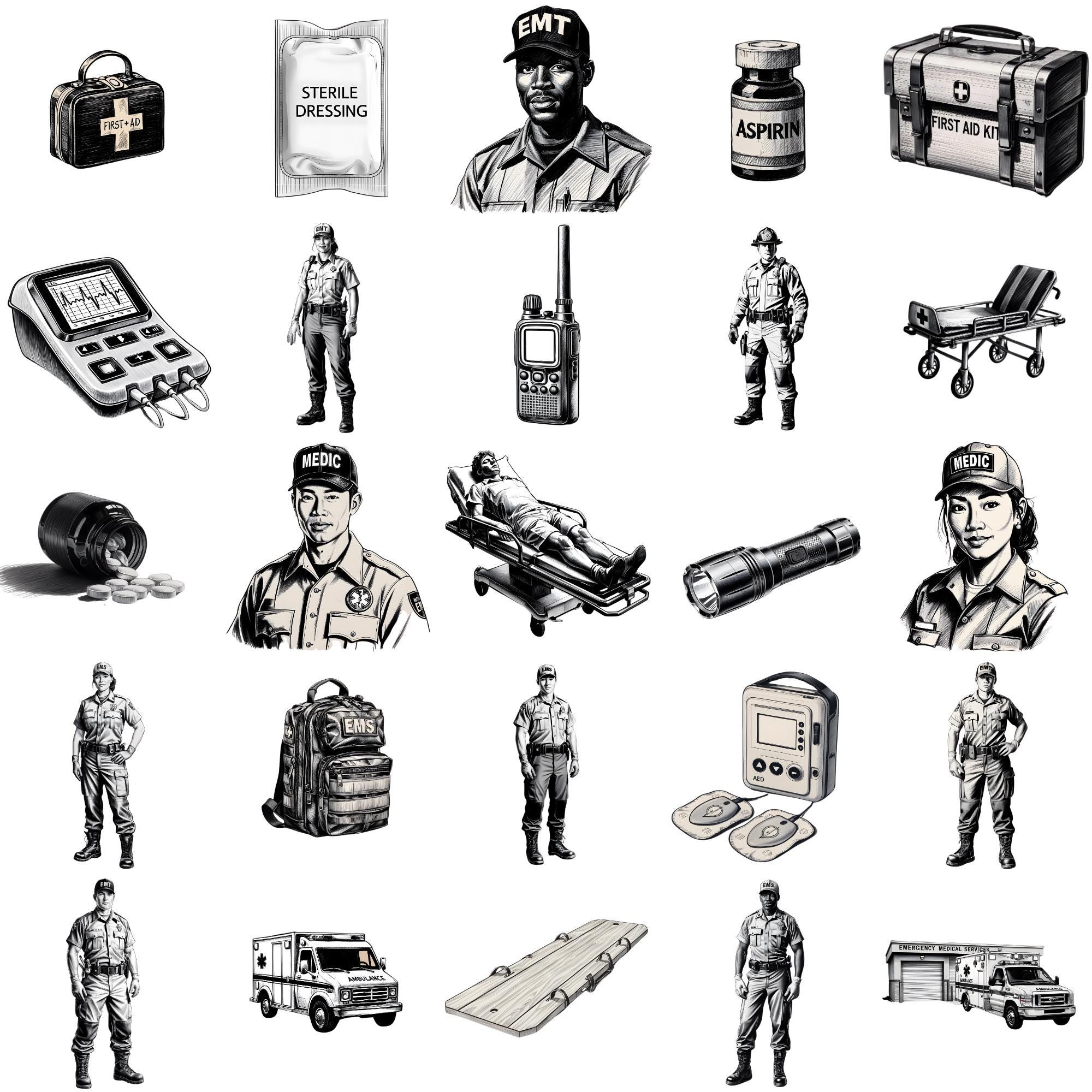Hand-drawn EMS Clipart Collection, Sketch Style Paramedic PNG, EMT ...
